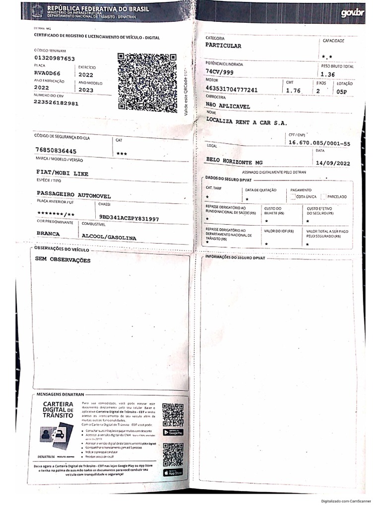 514 - Certificado de Registro e Licenciamento de Ve Culos - CRLV - NF para Maquinas - RVA0D66 ...