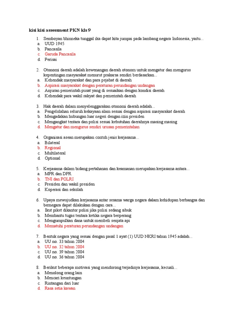 Kisi Kisi Assessment Kls 9 PKN | PDF