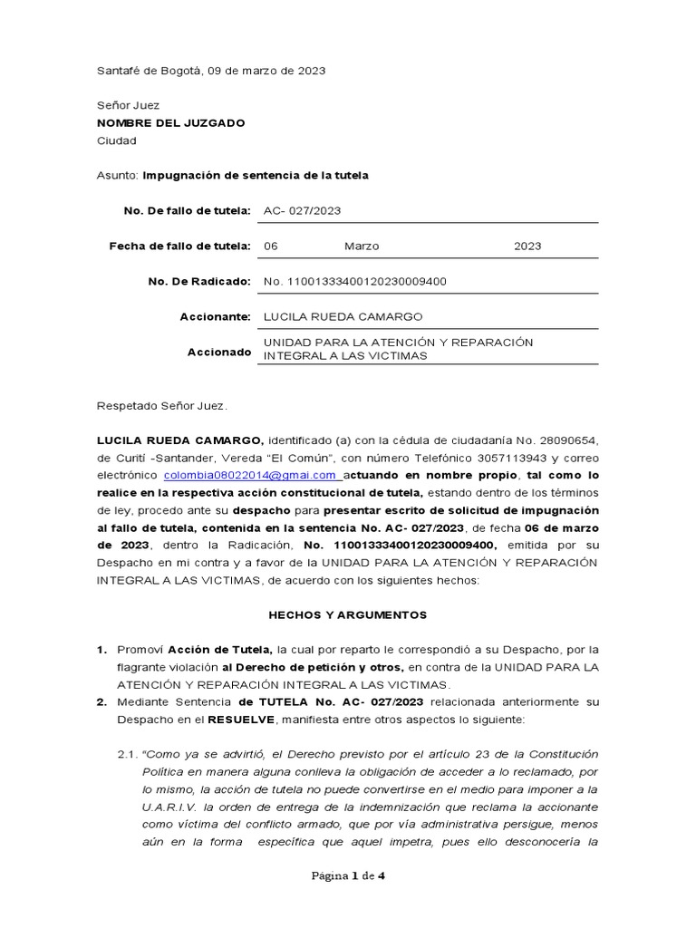 Modelo de Impugnacion | PDF | Sentencia (ley) | Petición Modelo de Impugnacion | PDF | Sentencia (ley) | Petición