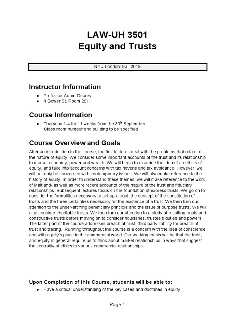 Syl London LAW-UH3501L01 Gearey Fall2019 PDF | PDF | Trust Law | Fiduciary