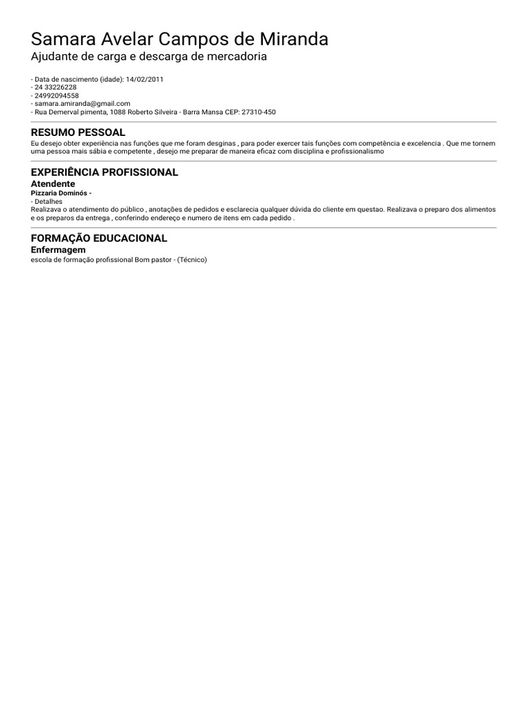 Currículo de Samara Avelar Campos de Miranda para vaga de ajudante de carga e descarga de ...