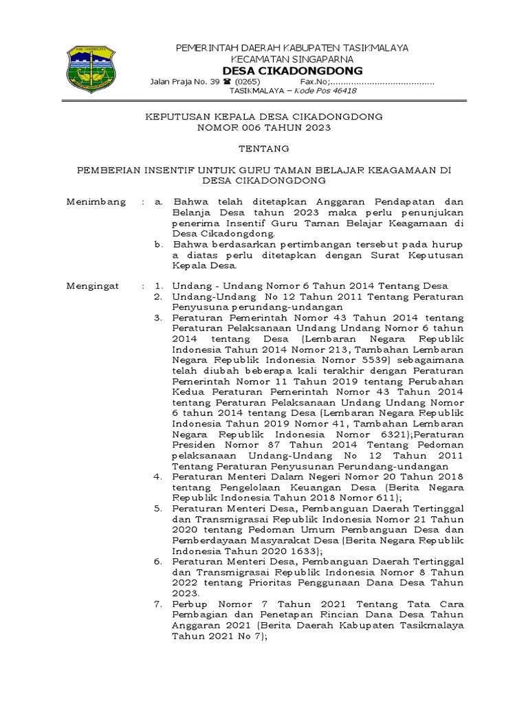 SK Insentif Guru Taman Belajar 2023 | PDF