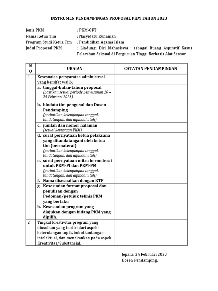 Instrumen Pendampingan Proposal PKM Tahun 2023 | PDF