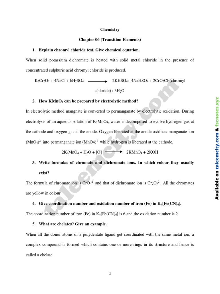 12th Chemistry CH-6Notes | PDF | Iron | Transition Metals