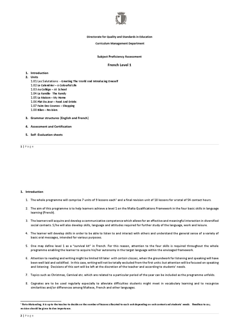 French Level 1 Subject Proficiency | PDF | Educational Assessment ...