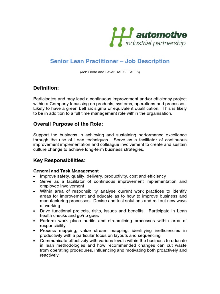 Senior Lean Practitioner Generic JD PDF | PDF | Lean Manufacturing ...