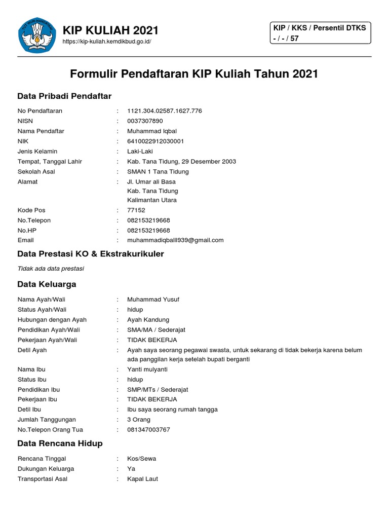 Formulir Peserta KIP Kuliah 2021 | PDF
