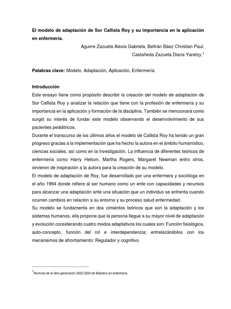 Modelo de Adaptación de Callista Roy | PDF | Enfermería | Adaptación
