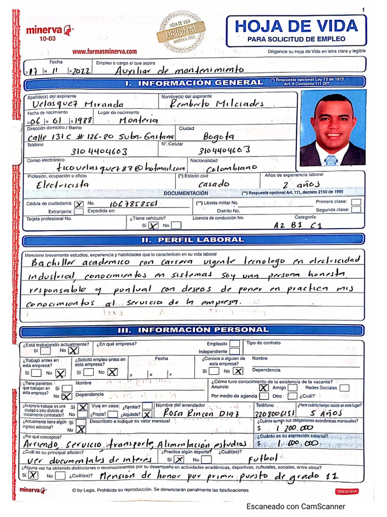 Hoja de Vida Remberto Velasquez Miranda | PDF