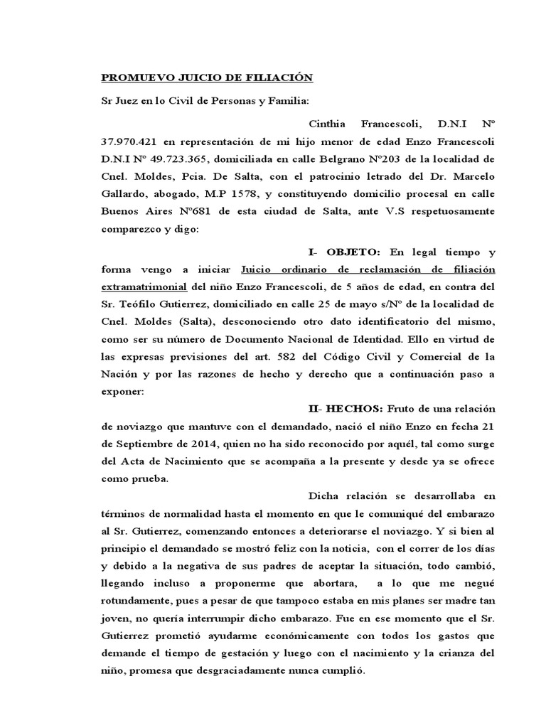 1) Promuevo Juicio de Filiación | Descargar gratis PDF | Instituciones ...