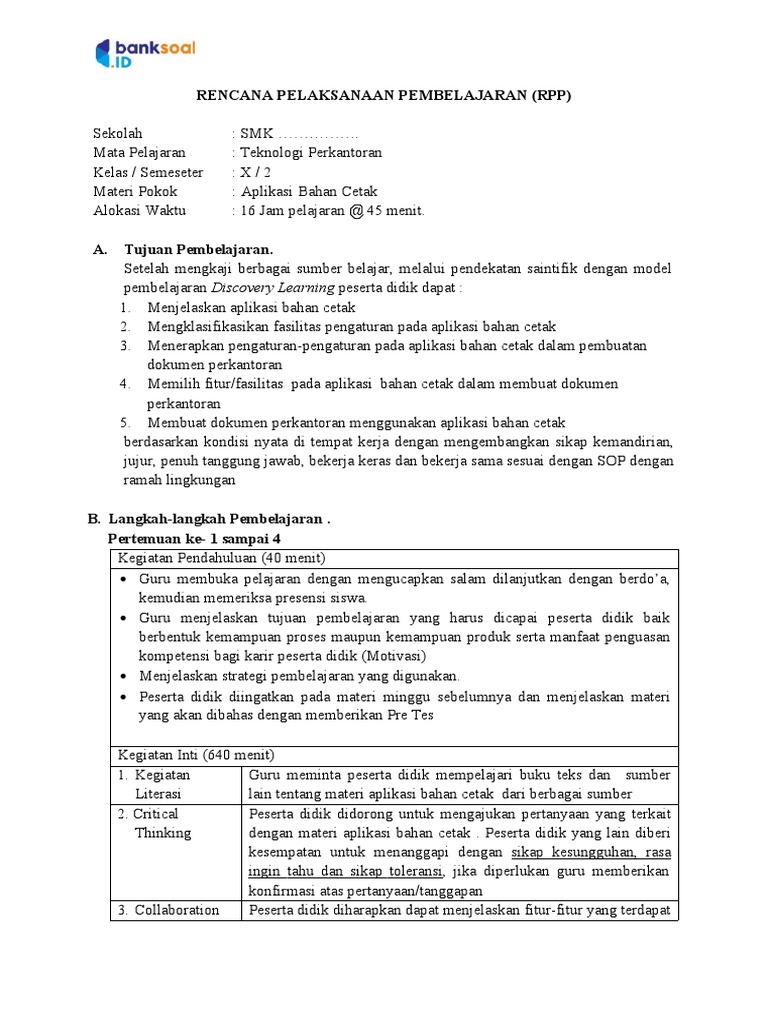 RPP 1 Lembar Teknologi Perkantoran KD 6 | PDF