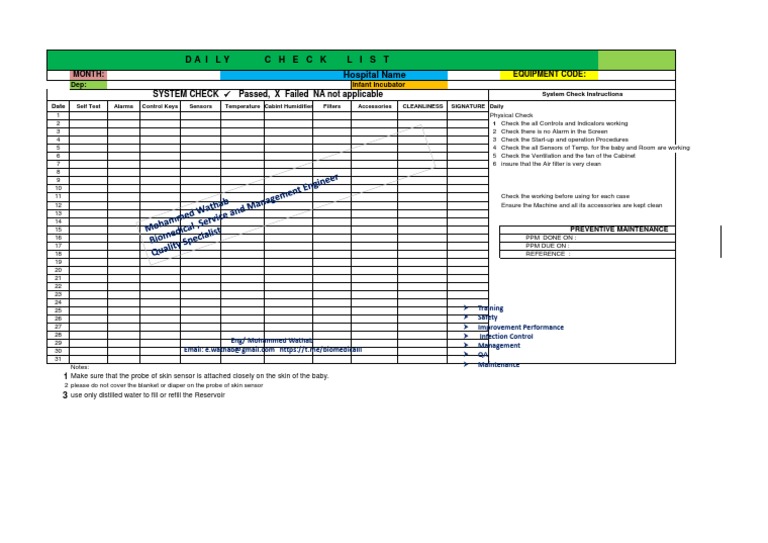 Daily Checklist and Maintenance Log for Infant Incubator | PDF | Equipment
