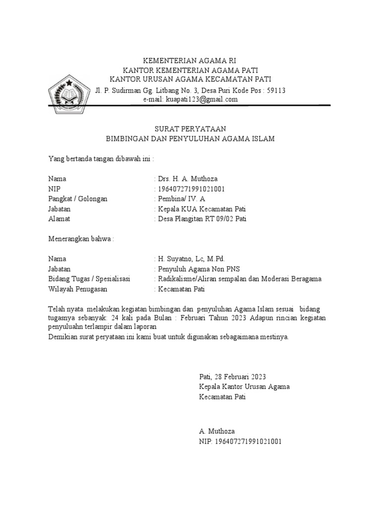 Surat Peryataan Kepala Kua | PDF Surat Peryataan Kepala Kua | PDF