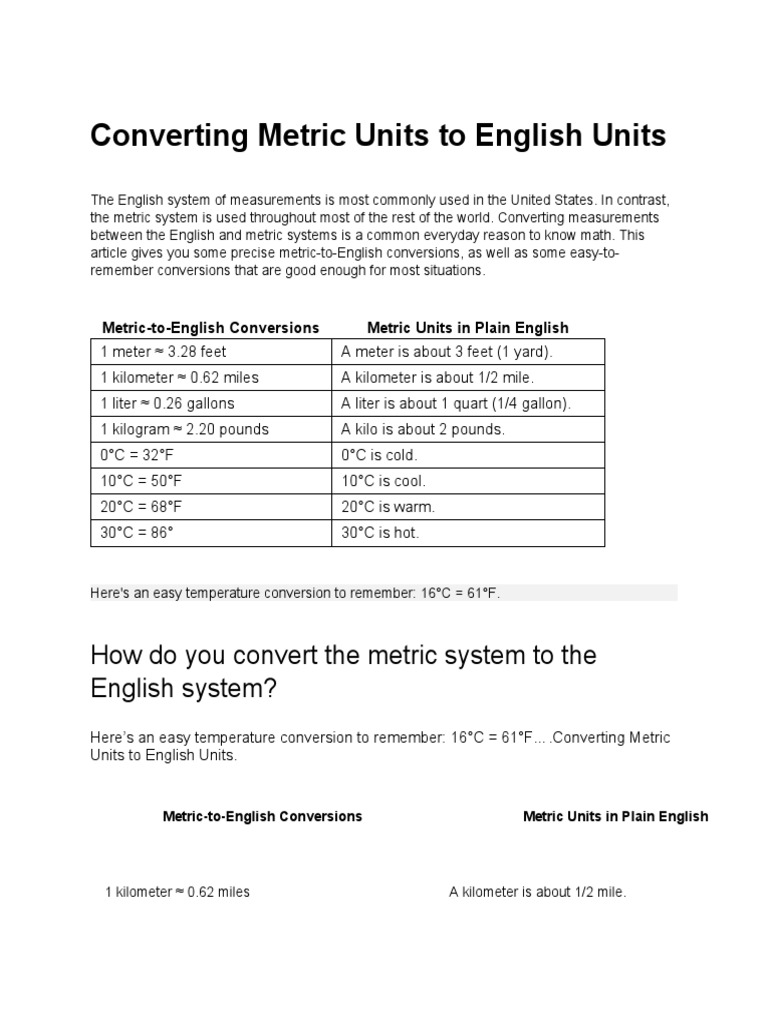 Converting Metric Units To English Units | PDF | Measurement | Temperature