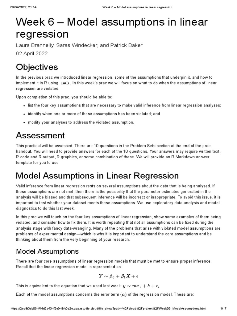 Week 6 Model Assumptions In Linear Regression Download Free Pdf