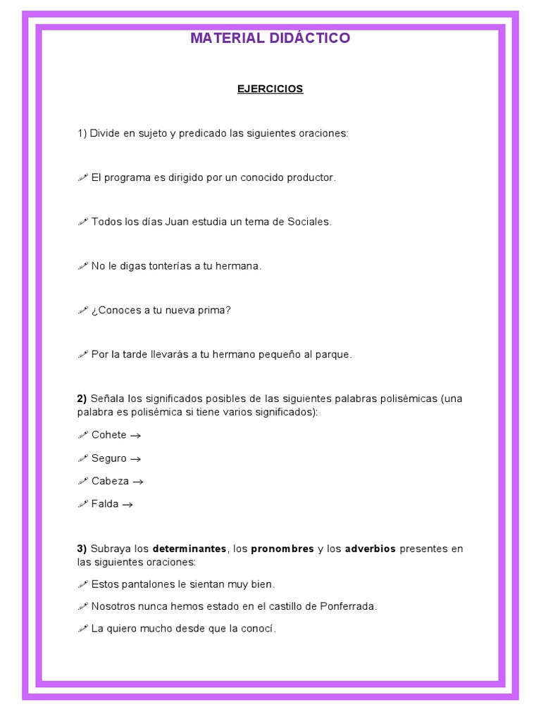 Ejercicios Sustantivo, Adjetivo, Sujeto, Predicado, Ortografa y Otros ...