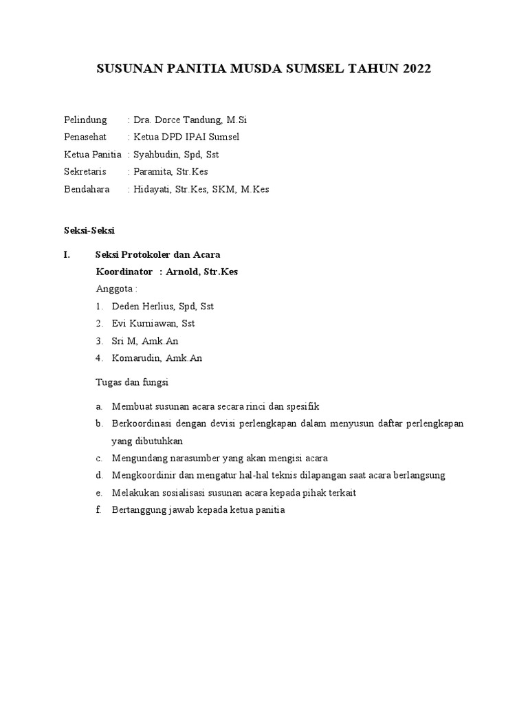 Susunan Panitia Musda Sumsel Tahun 2022 | PDF