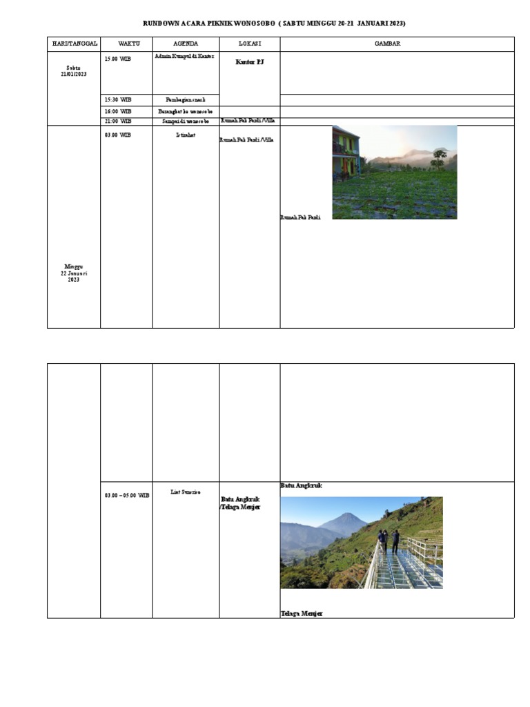 Rundown Acara Piknik Dieng | PDF