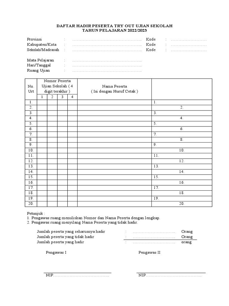 Daftar Hadir Try Out Peserta Ujian Sekolah Tahun 2023 | PDF