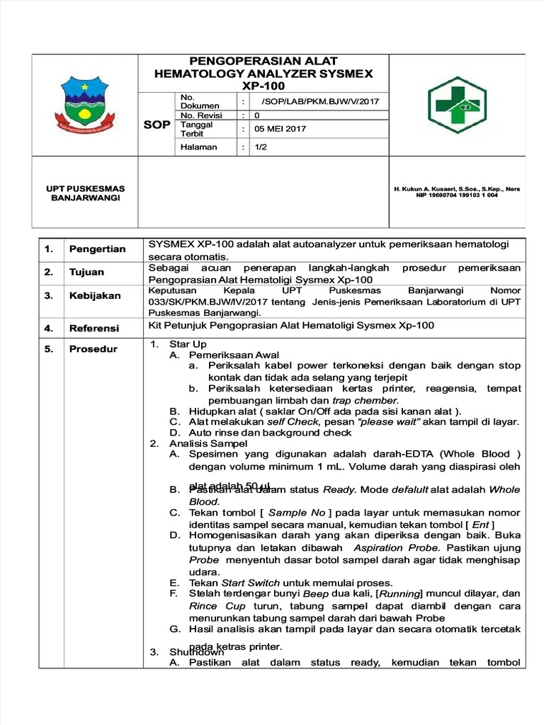 PDF Sop Pengoperasian Alat Hematology Analyzer Sysmex XP 100 - Compress | PDF