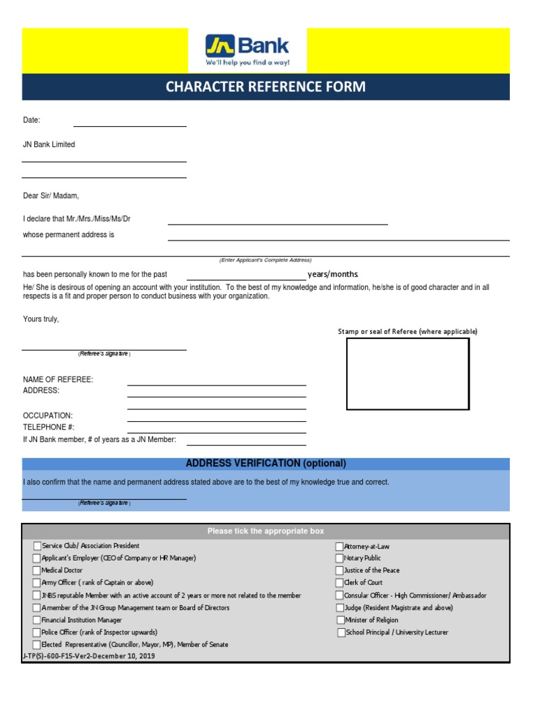 Jn Bank Character Reference Form Pdf Pdf Judge Government