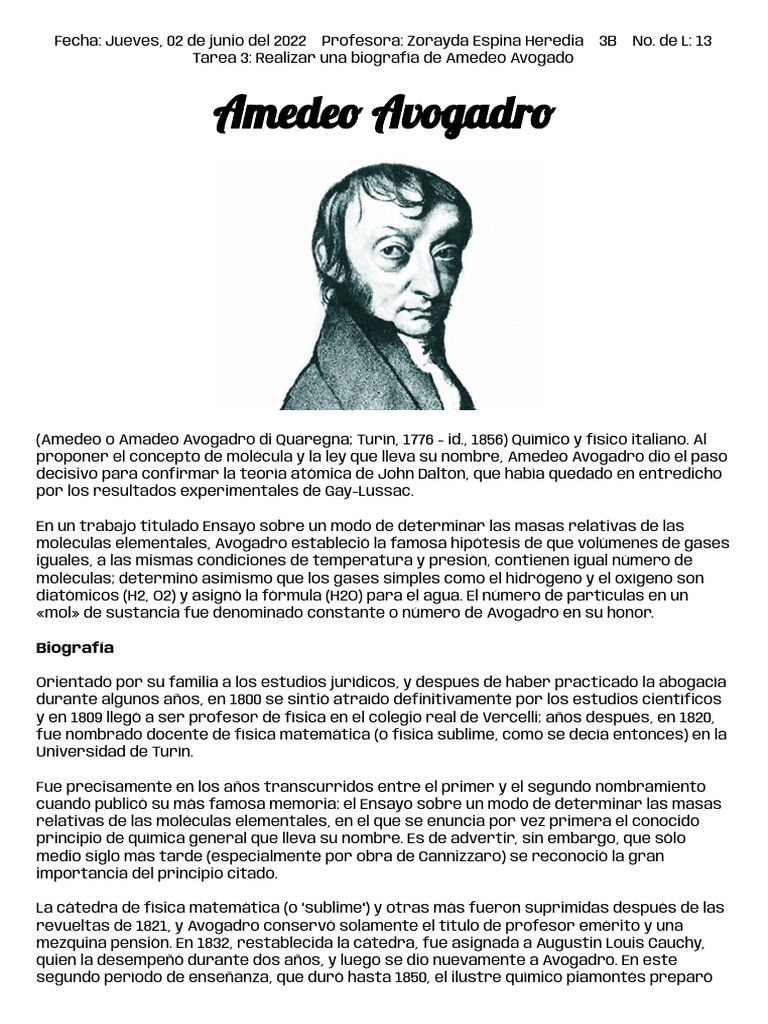 Biografía de Amedeo Avogadro | PDF | Mole (Unidad) | Moléculas