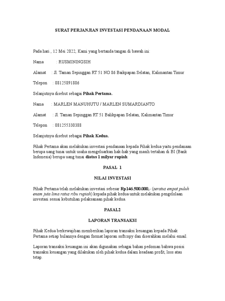 Perjanjian Investasi Modal Ventura Pdf
