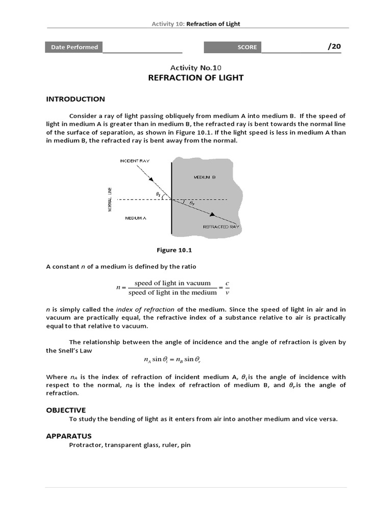 Activity No. 6 Refraction of Light | PDF | Refraction | Refractive Index