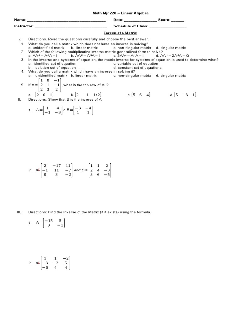 Worksheet Inverse of A Matrix - EDITED Practicum | PDF