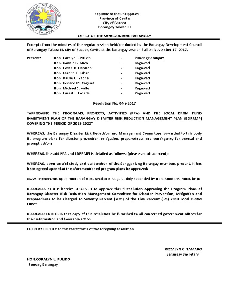 Resolution Approving The BDRRMP 2018-2022 - Talaba III | PDF | Risk ...