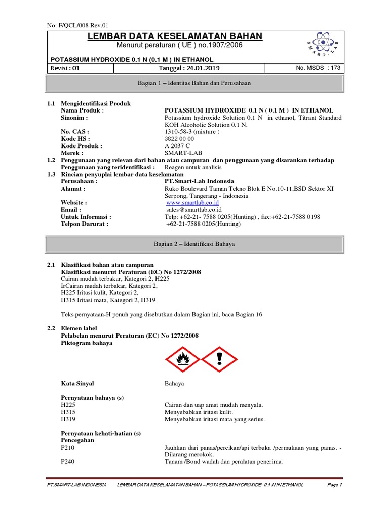 MSDS POTASSIUM HYDROXIDE 0.1 N in ETHANOL (INDO) | PDF