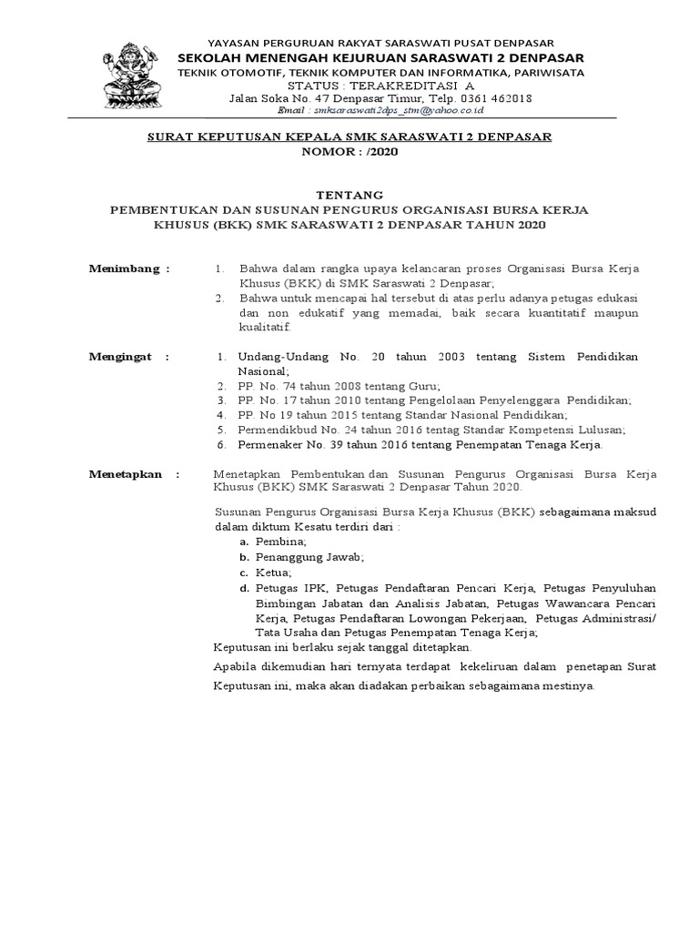 Sk Bkk 2020 Smk Saraswati 2 Dps Pdf