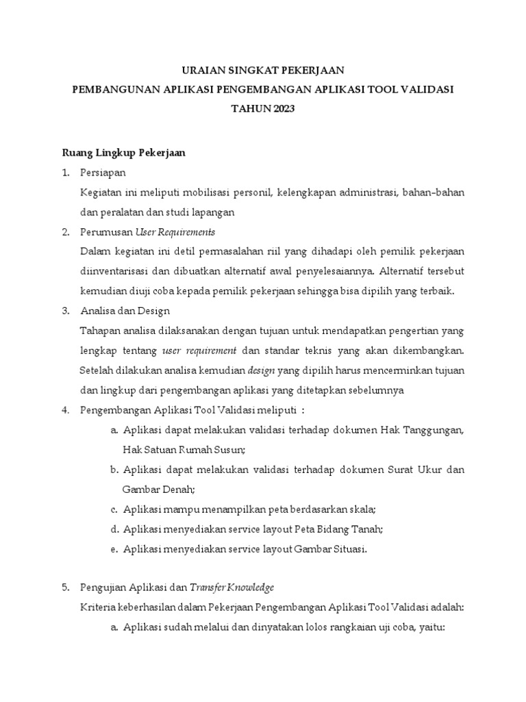 Ruang Lingkup Pekerjaan Pengembangan Aplikasi Tool Validasi PDF | PDF