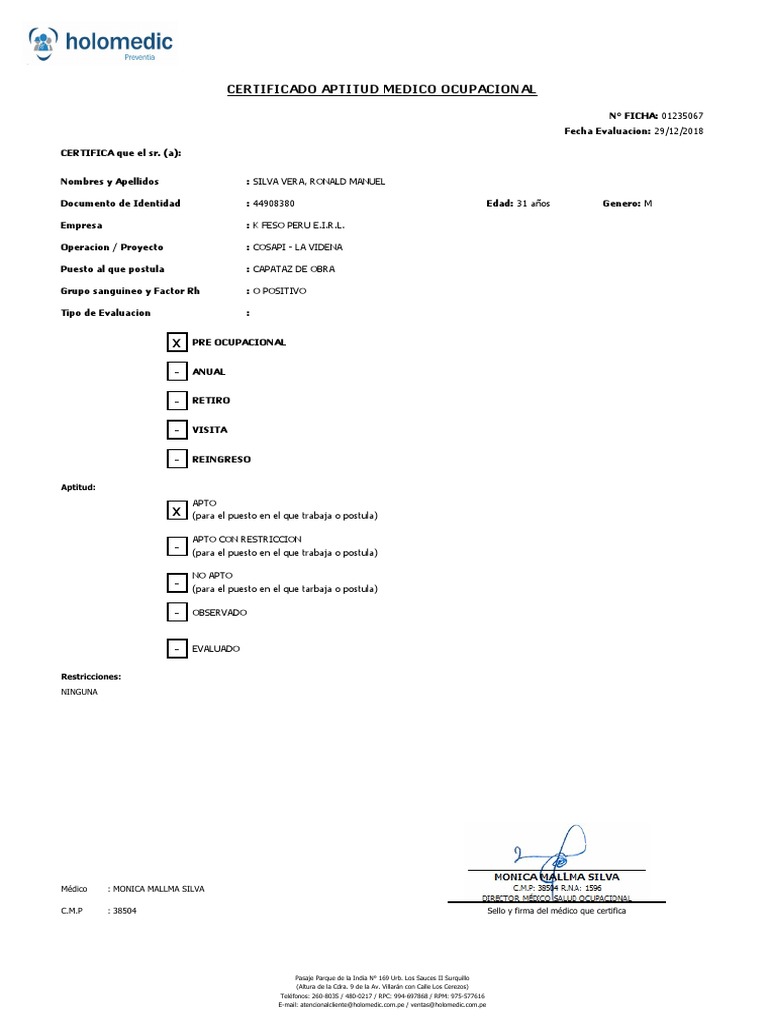 Certificado de Aptitud - Silva Vera Ronald Manuel | PDF