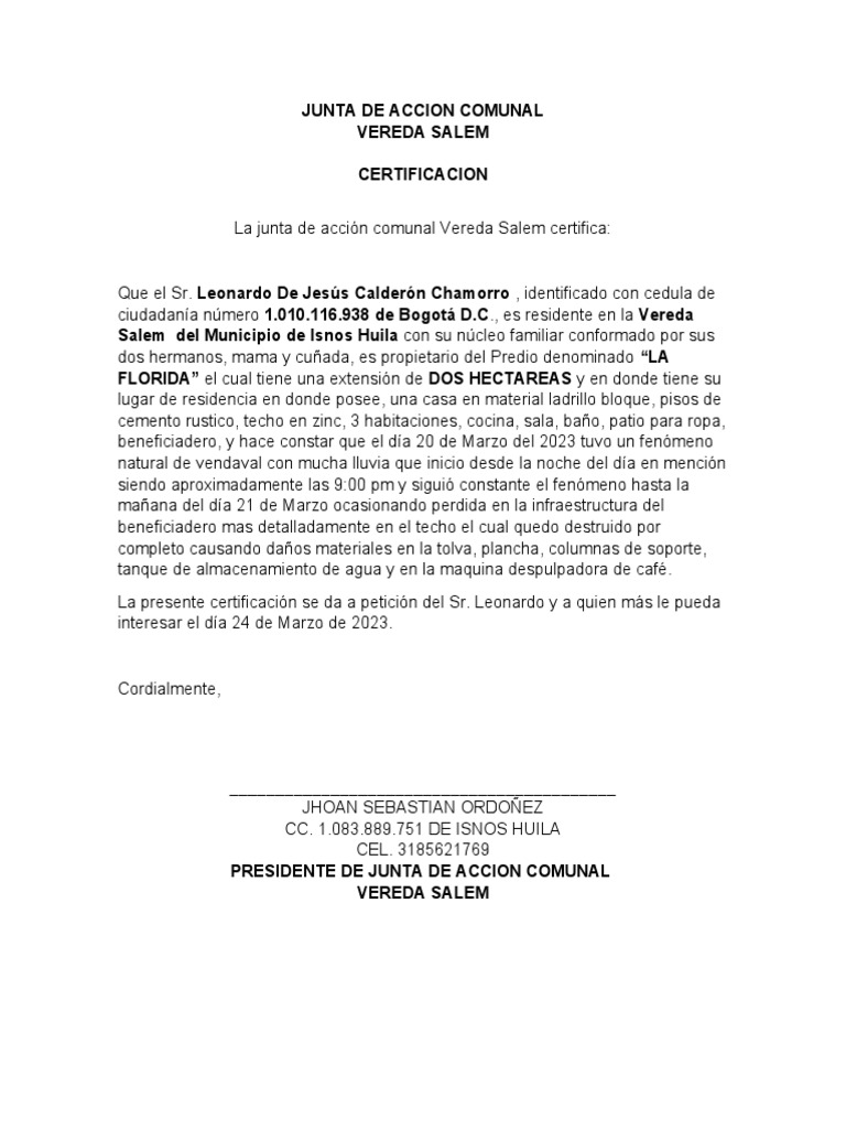Certificacion de Junta de Accion Comunal | PDF