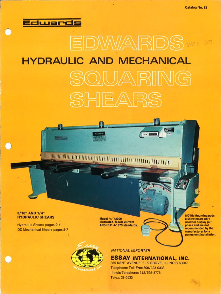 Edwards Hydraulic & Mechanical Squaring Shears Model 1250, 2000, 2500 ...