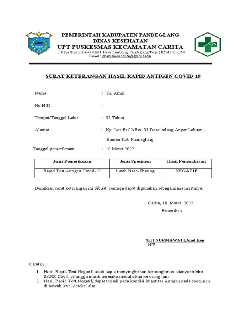 Surat Hasil Rapid Antigen Negatif | PDF | Sains & Matematika