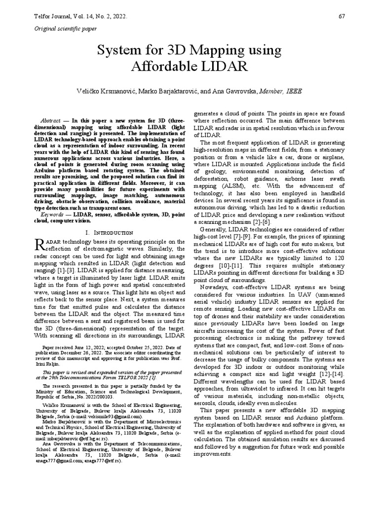 System For 3D Mapping Using Affordable LIDAR: Veličko Krsmanović, Marko Barjaktarović, and Ana ...