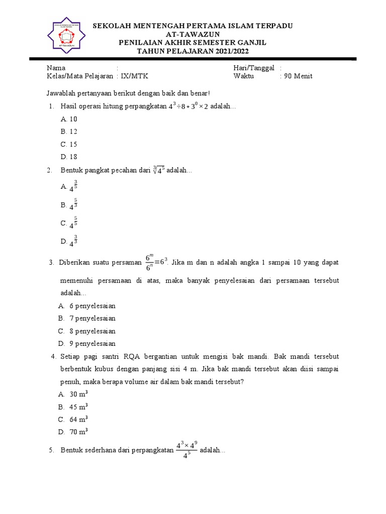 PTS Matematika Kelas Ix | PDF