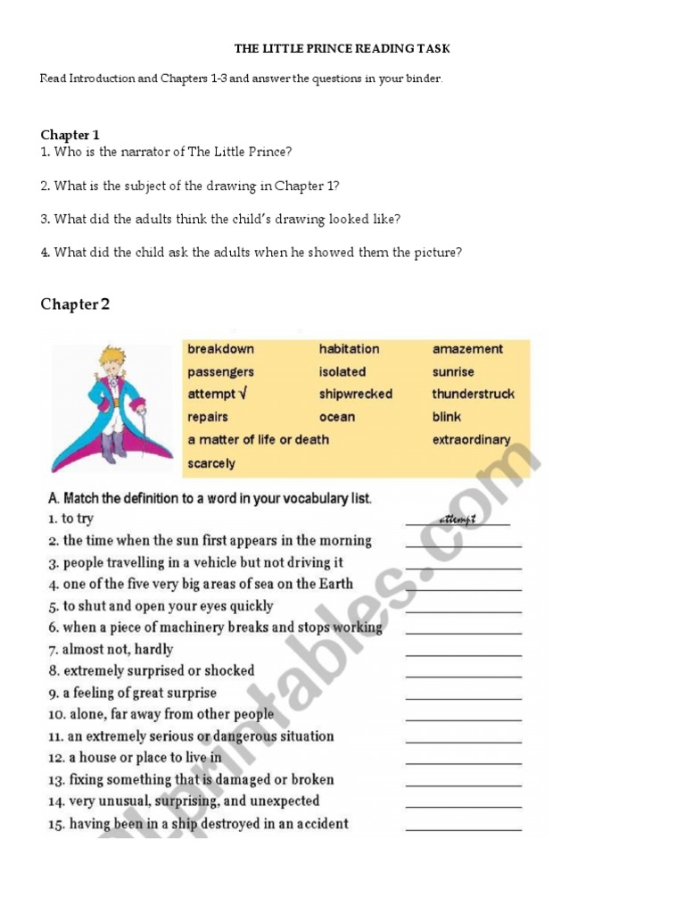 ESL 7 The Little Prince Chapter 1-3 Tasks | PDF