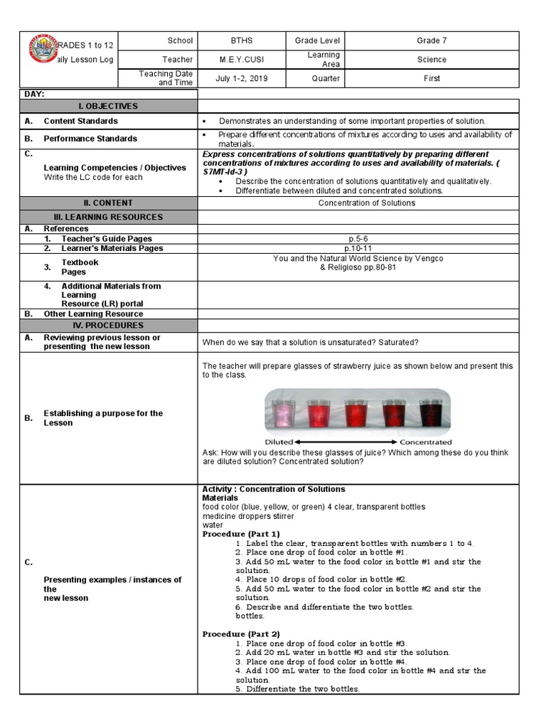 DLL Q1 Lesson 5 Concentration of Solutions | PDF | Concentration | Teachers