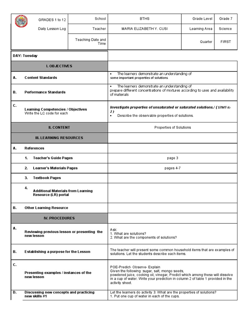 DLL Q1 Lesson 3 Properties of Solution | PDF | Mixture | Filtration