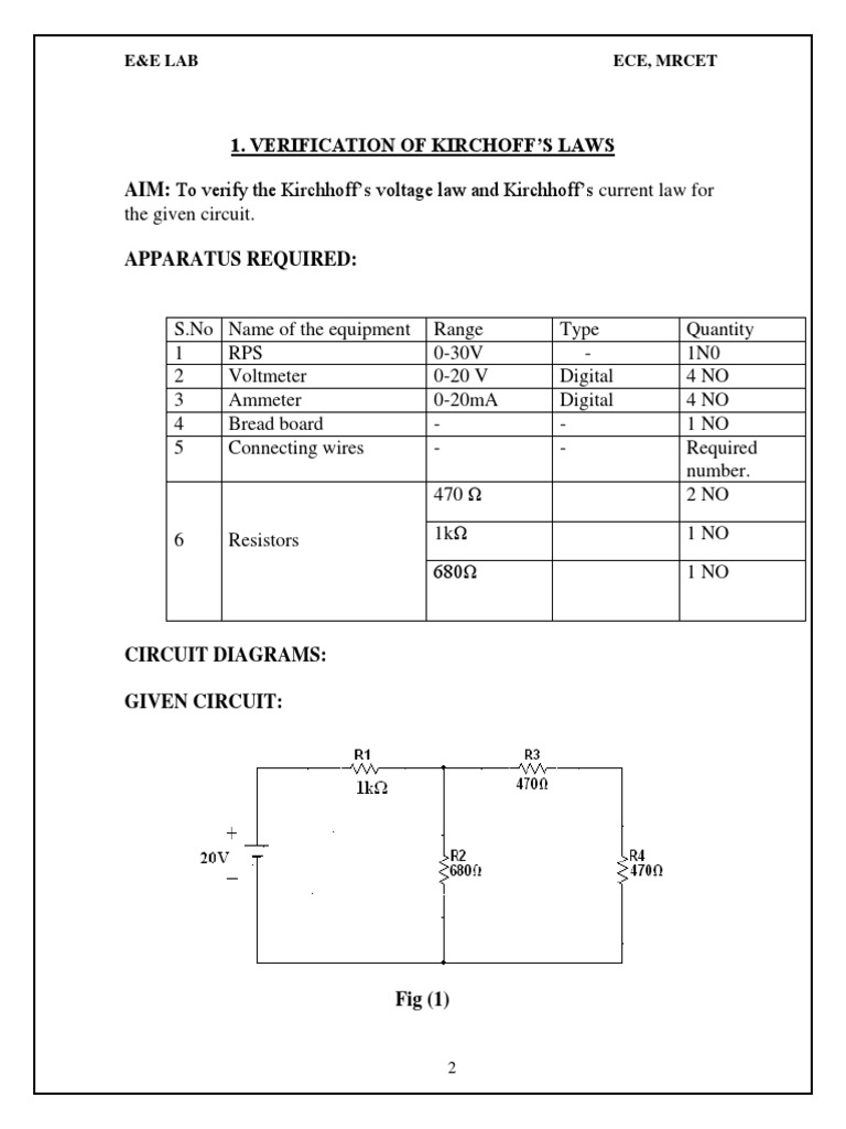 Practicle 1 Kvl And Kcl Pdf Voltage Electrical Network