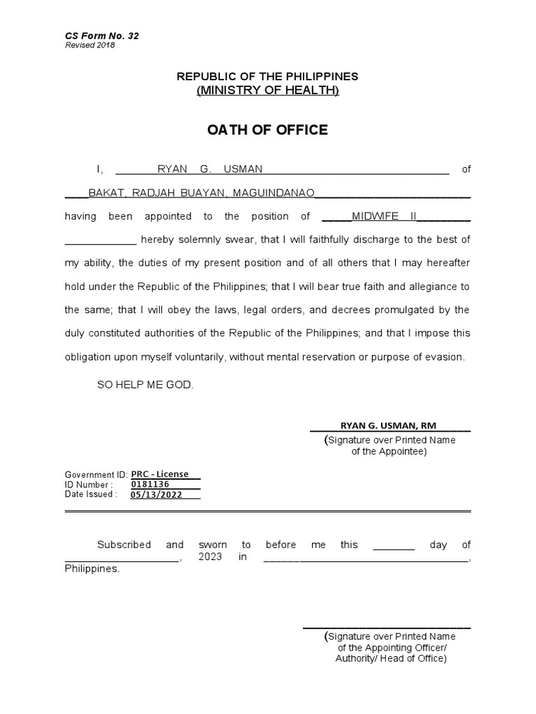 CS Form No. 32 Oath of Office | PDF