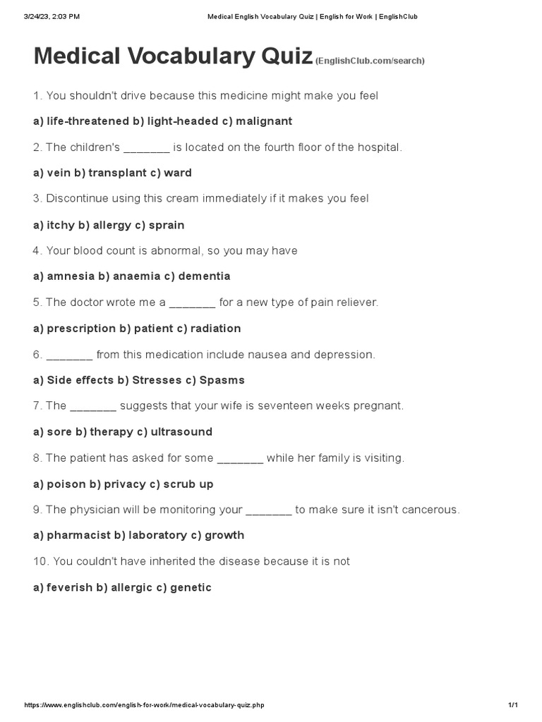 2 - Medical English Vocabulary Quiz - English For Work - EnglishClub | PDF