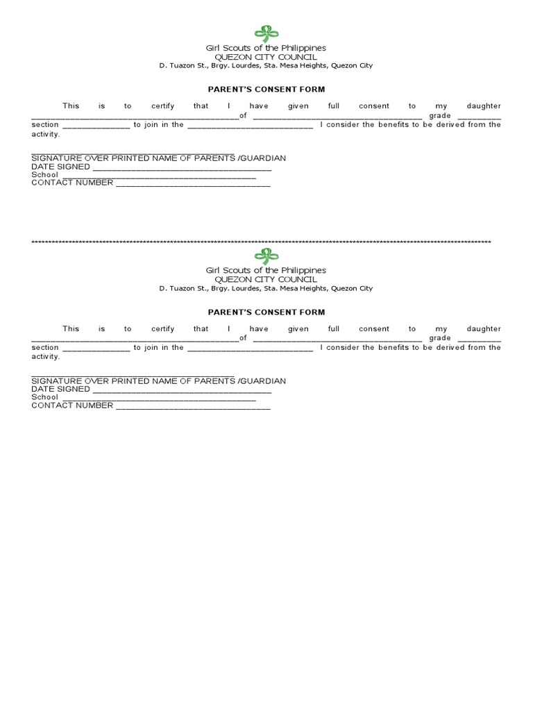 Girl Scouts Parent Consent Form | PDF | Career & Growth
