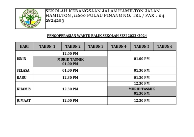 Waktu Balik Sekolah SK Jalan Hamilton 2023/2024 | PDF