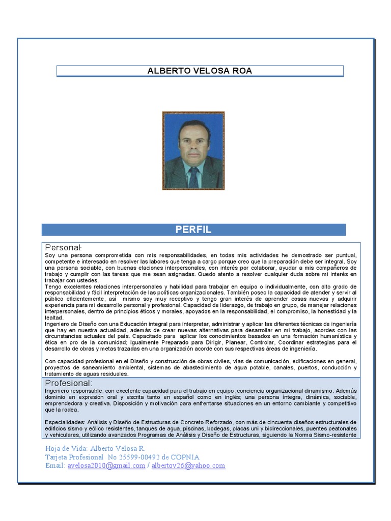 Hoja de Vida de Alberto Velosa R. | PDF | Colombia | Ingeniero civil