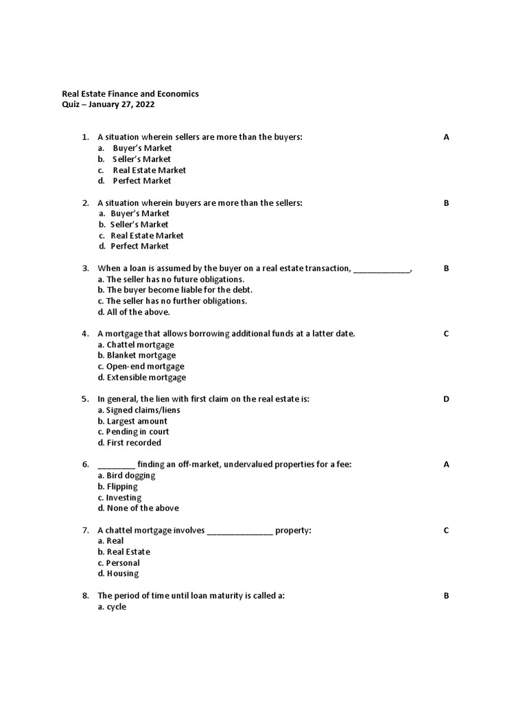 Real Estate Finance and Economics - Quiz - 22jan2023 | PDF | Mortgage ...