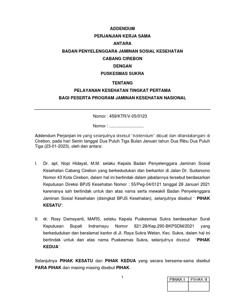 Addendum Kerja Sama BPJS dan Puskesmas Sukra | PDF